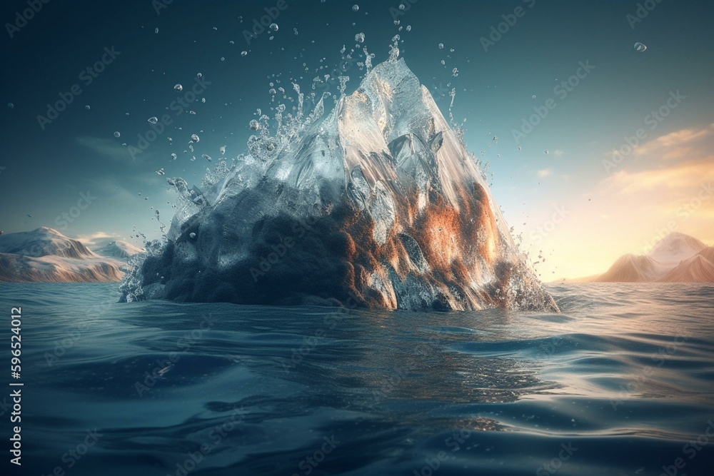 3D image of melting ice cap, ocean temperature increasing, glaciers ...
