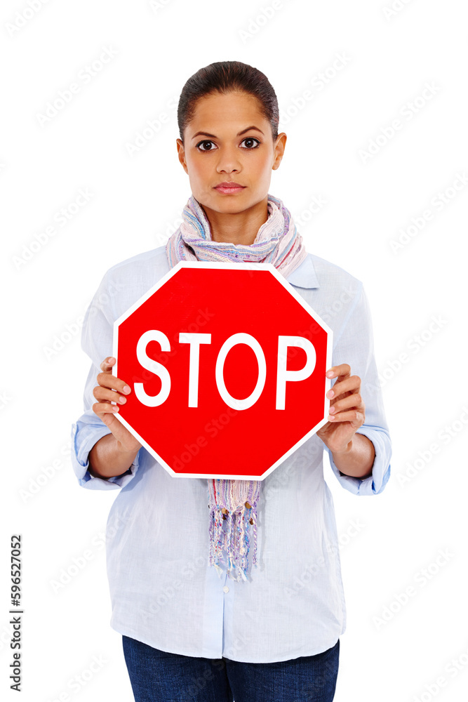 Stop sign, poster and portrait of woman with warning on isolated ...
