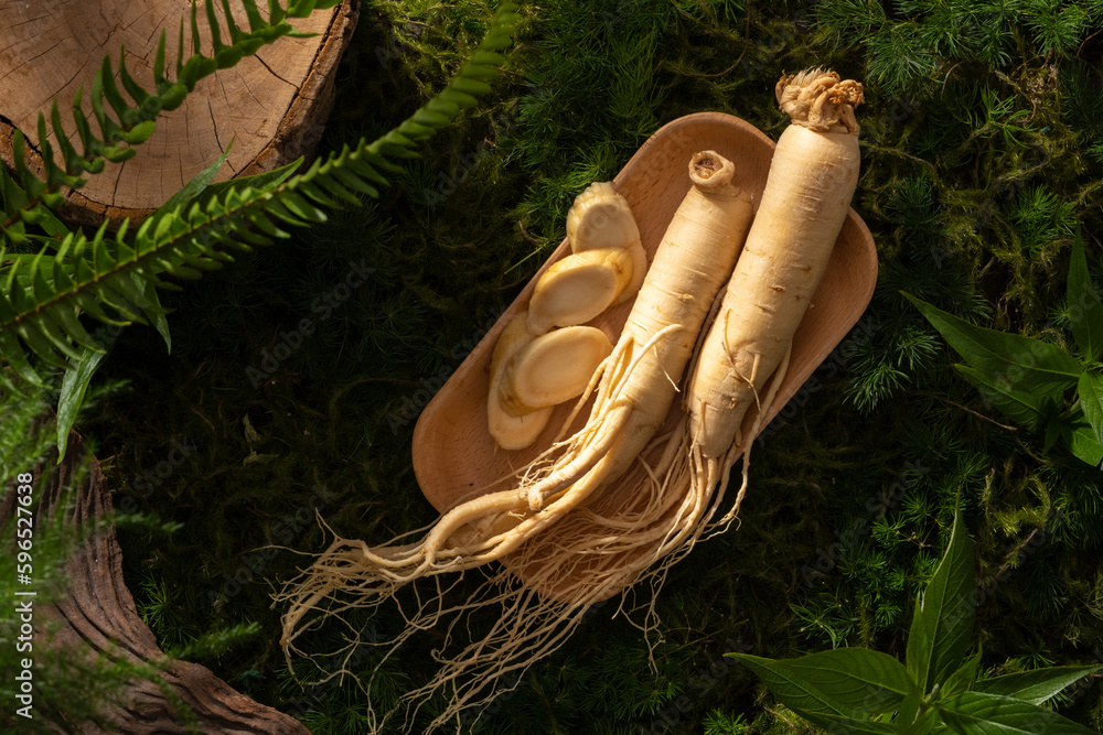Ginseng roots and slices on rectangle wooden plate on natural ...