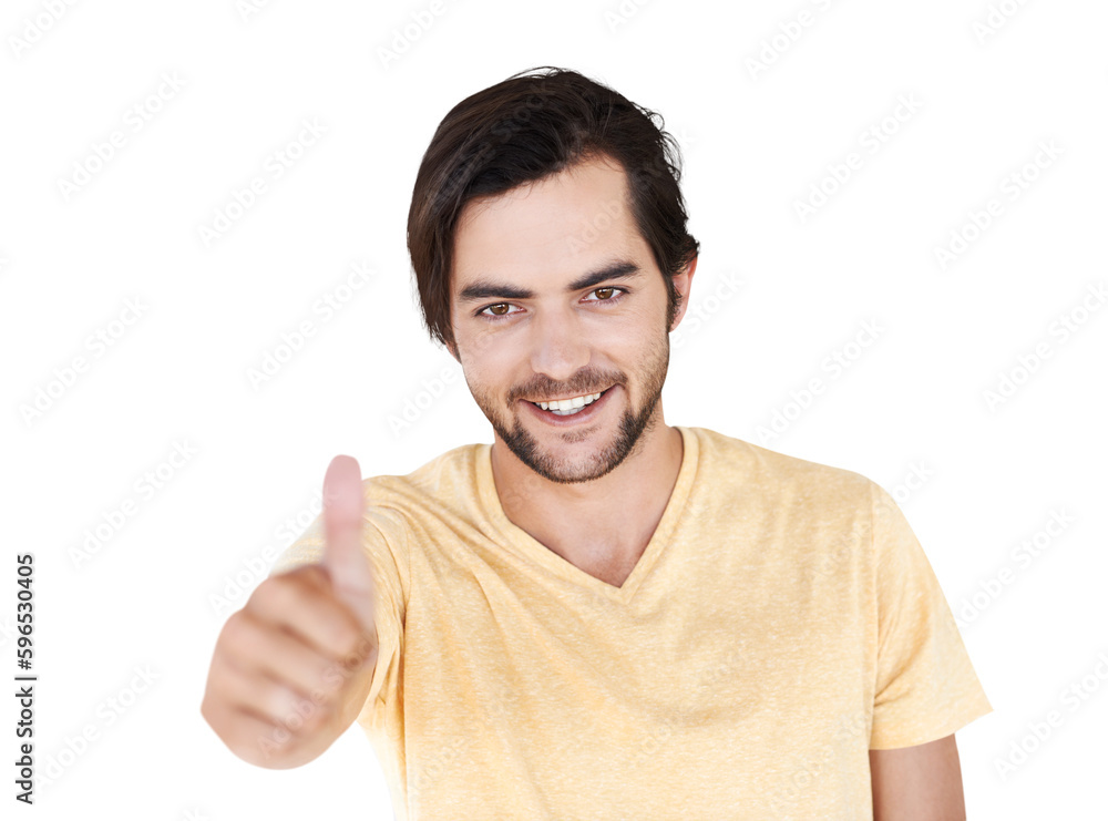 Thumbs up, portrait and happy man isolated on transparent, png ...