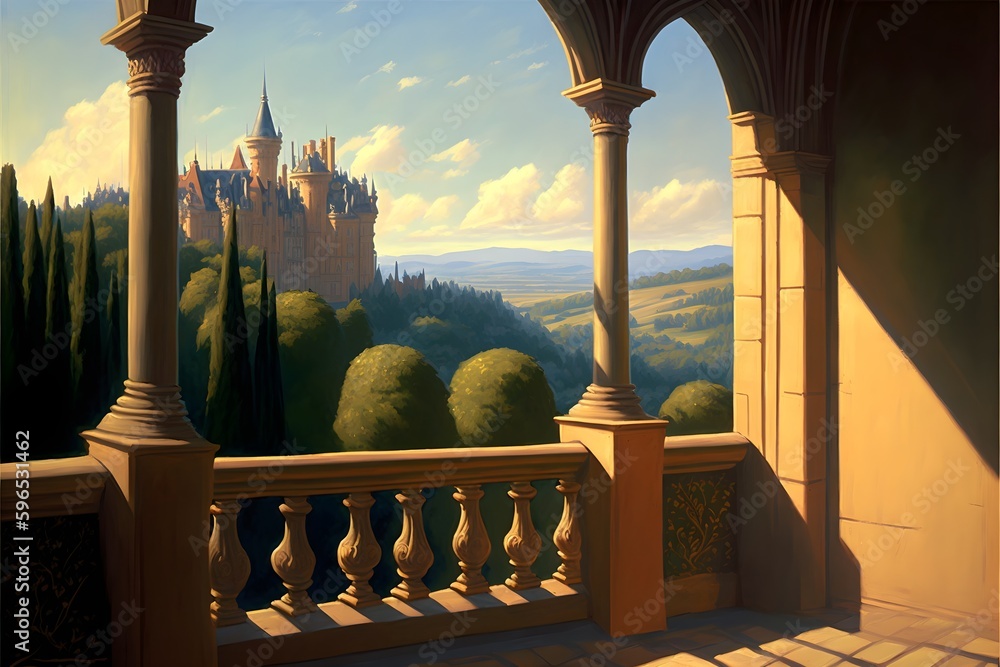 looking from a medieval balcony at a very distant medieval castle with ...