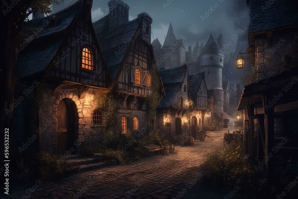 Illustration of a medieval town at night with lights and clouds in the ...
