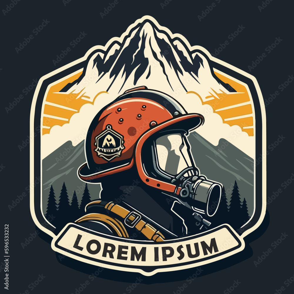 Logo with a firefighter in a gas mask on the background of a mountain ...