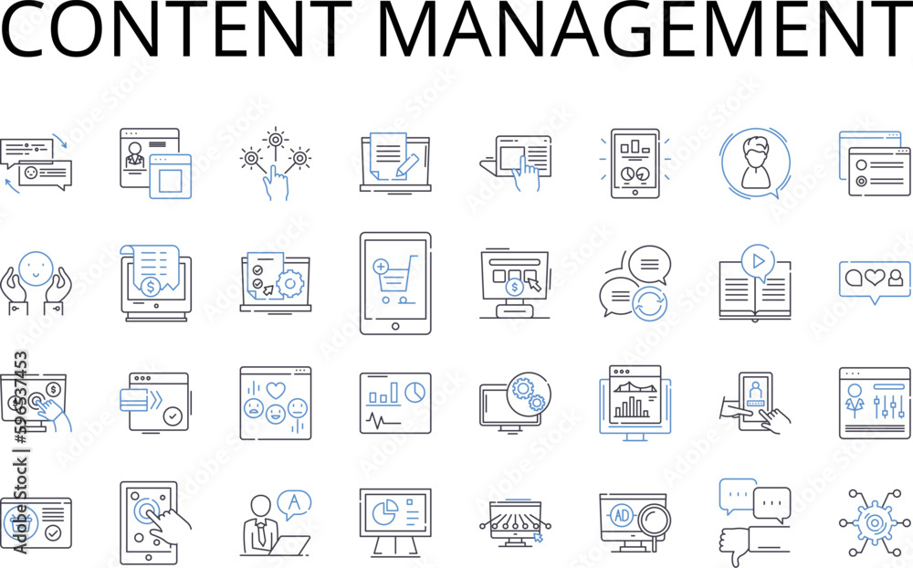 Content management line icons collection. Social media, Project ...