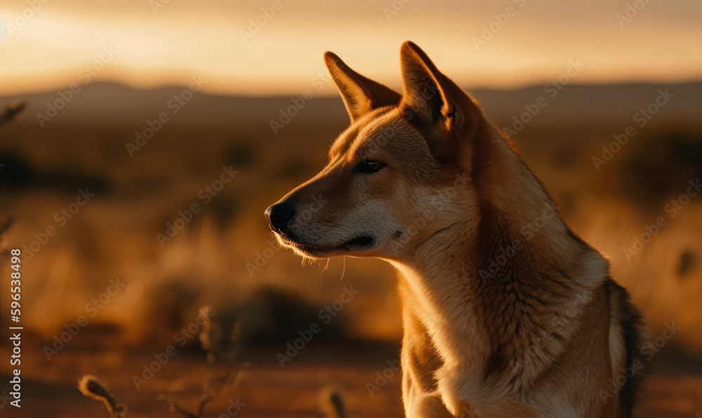 Dingo (warrigal) in sleek form in a quintessential Australian outback ...