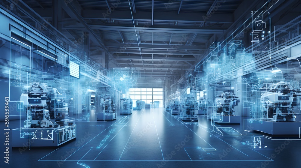 Industry 4.0 smart factory interior showcases advanced automation, machinery, and robotics in a ...