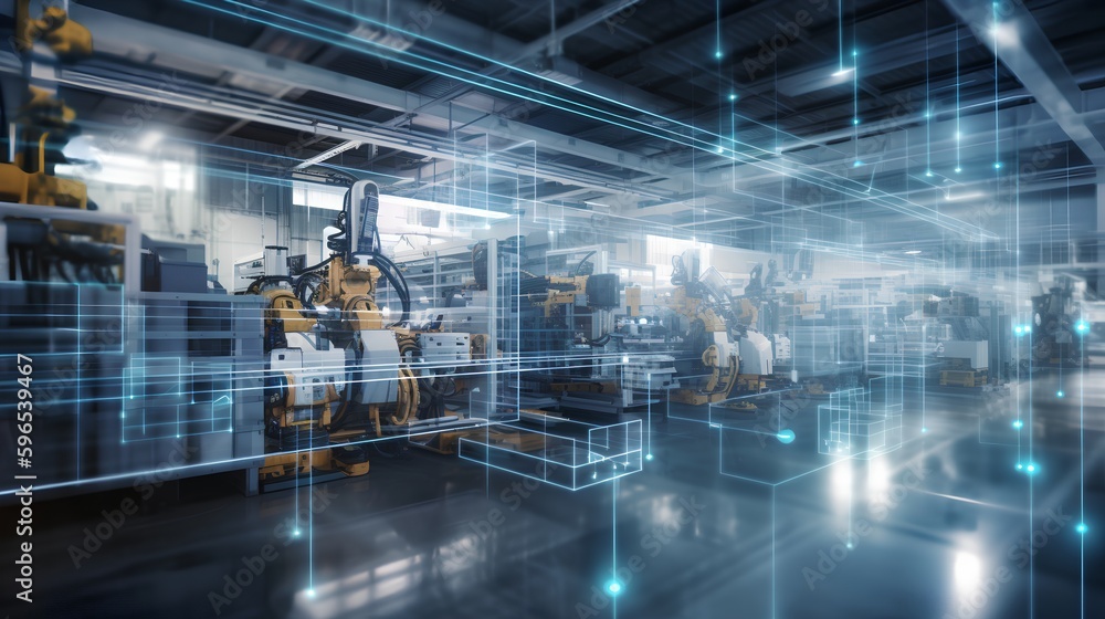 Industry 4.0 smart factory interior showcases advanced automation, machinery, and robotics in a ...