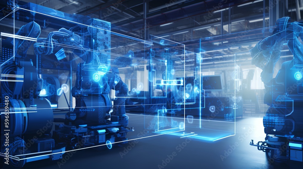 Industry 4.0 smart factory interior showcases advanced automation, machinery, and robotics in a ...