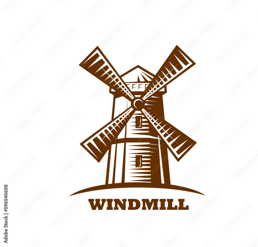 Windmill emblem, hand drawn icon. Wheat and barley farm, organic food ...