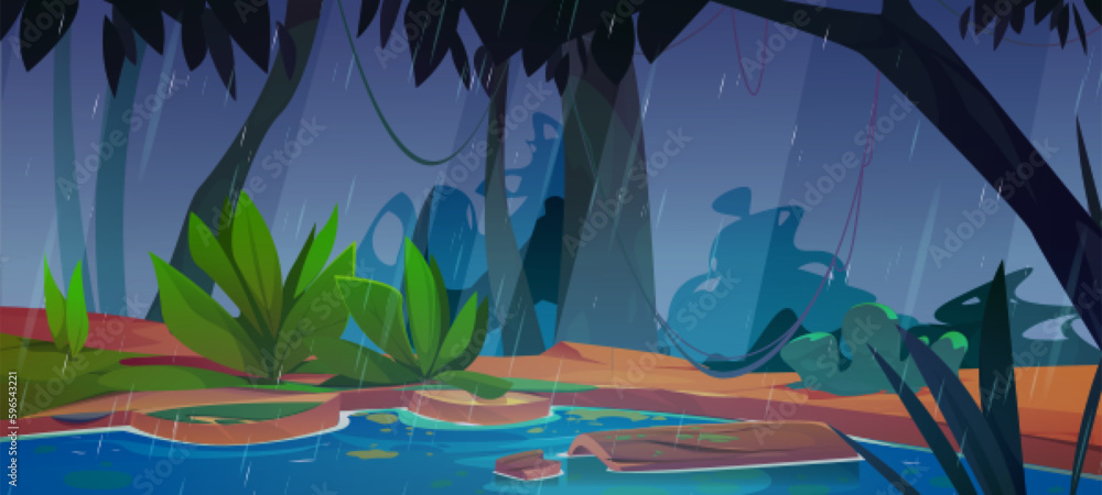 Swamp in jungle forest cartoon vector game background. Tropical scene ...