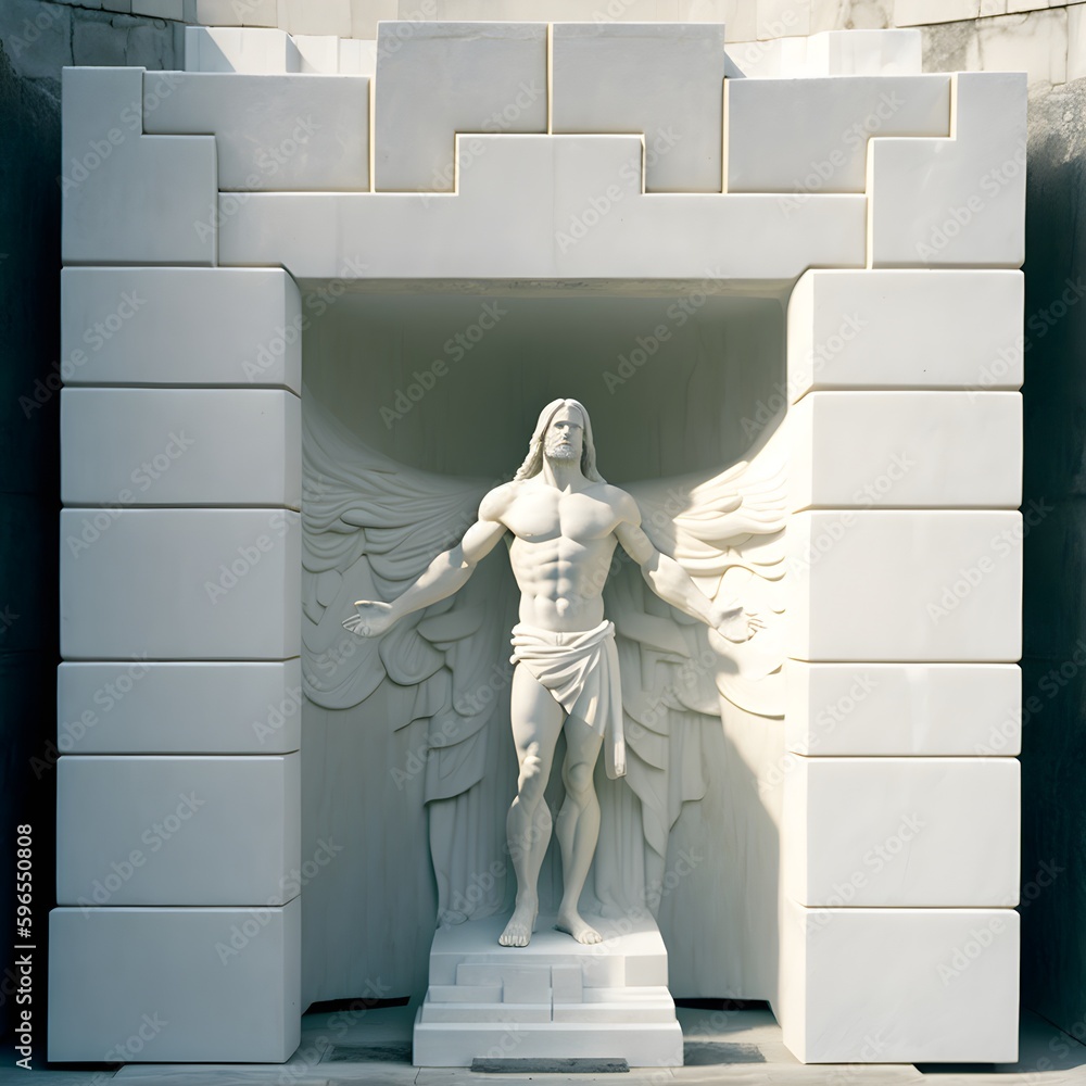 cyborg jesus resurrecting inside minimalist stone gates of heaven ...