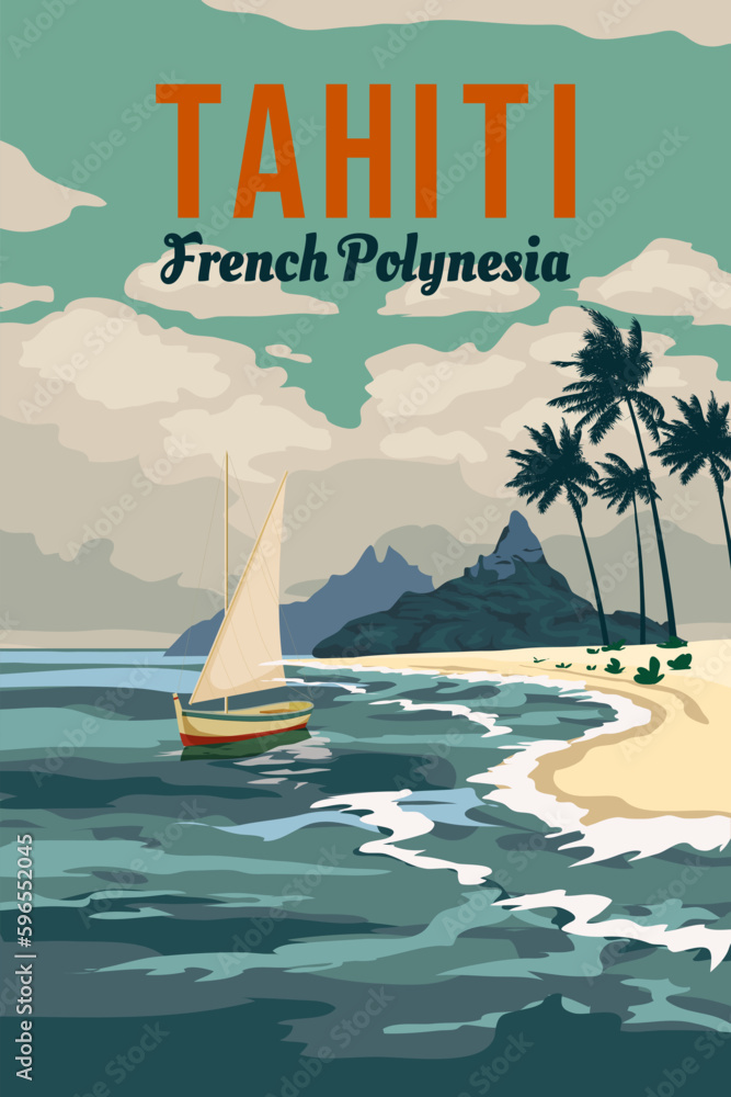 French Polynesia islands Tahiti travel poster resort, Stock Vector ...