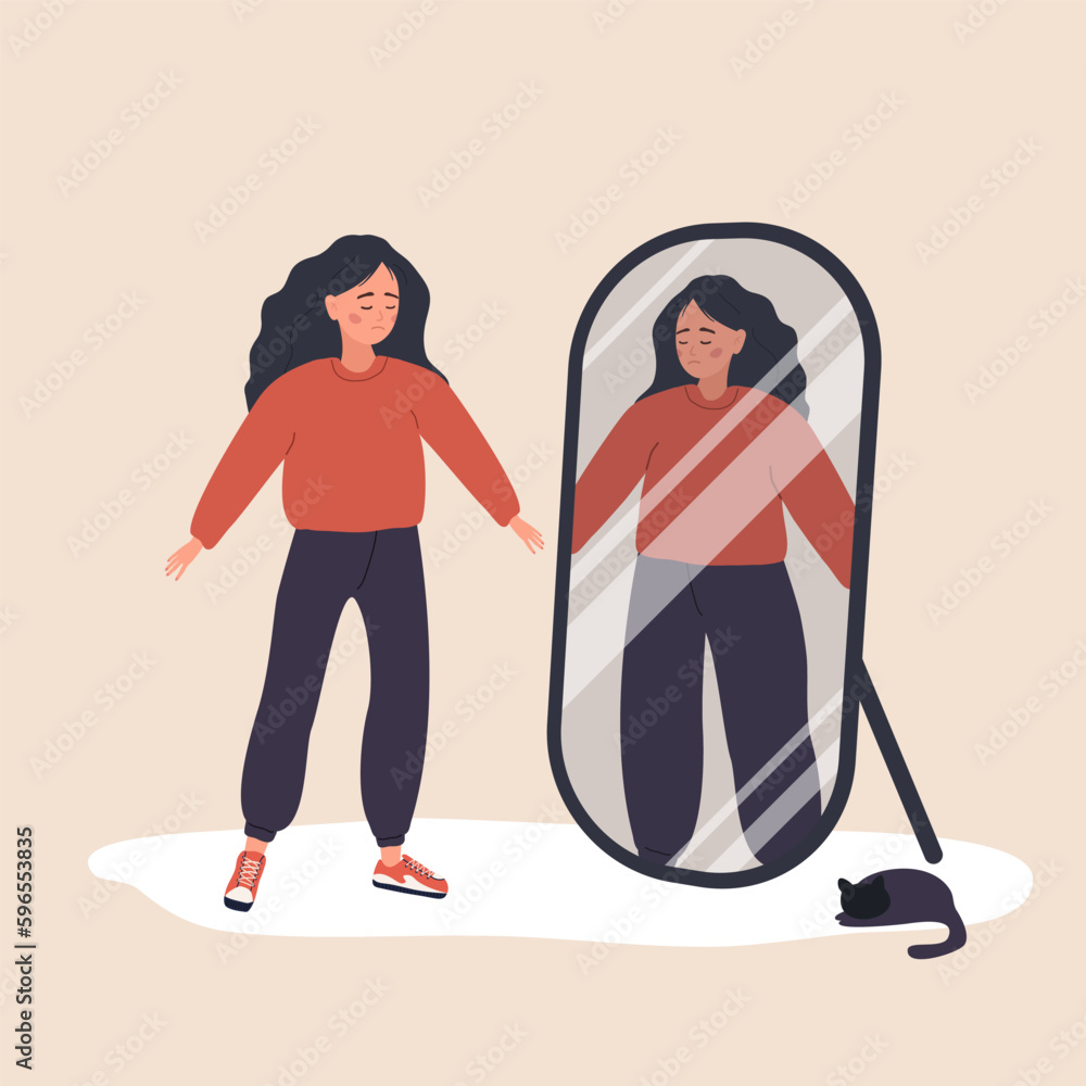 Eating Disorder Slim Woman Looking Herself Fat In Mirror And Feel