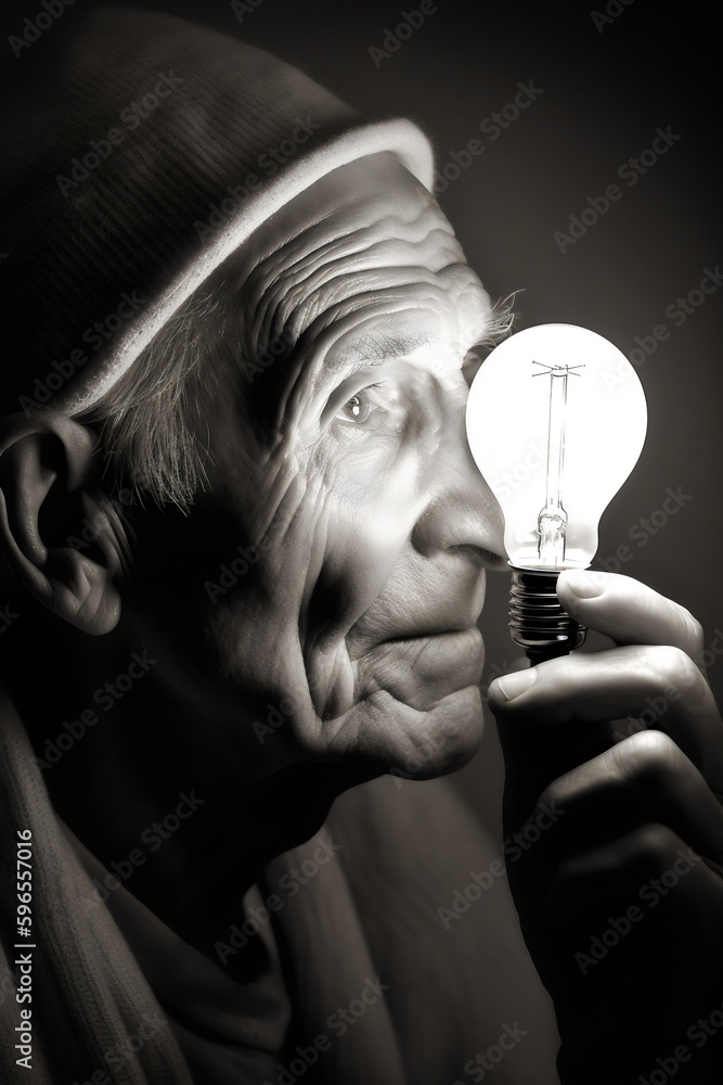 old man closely examining a lit lightbulb, having an idea, isolated on ...