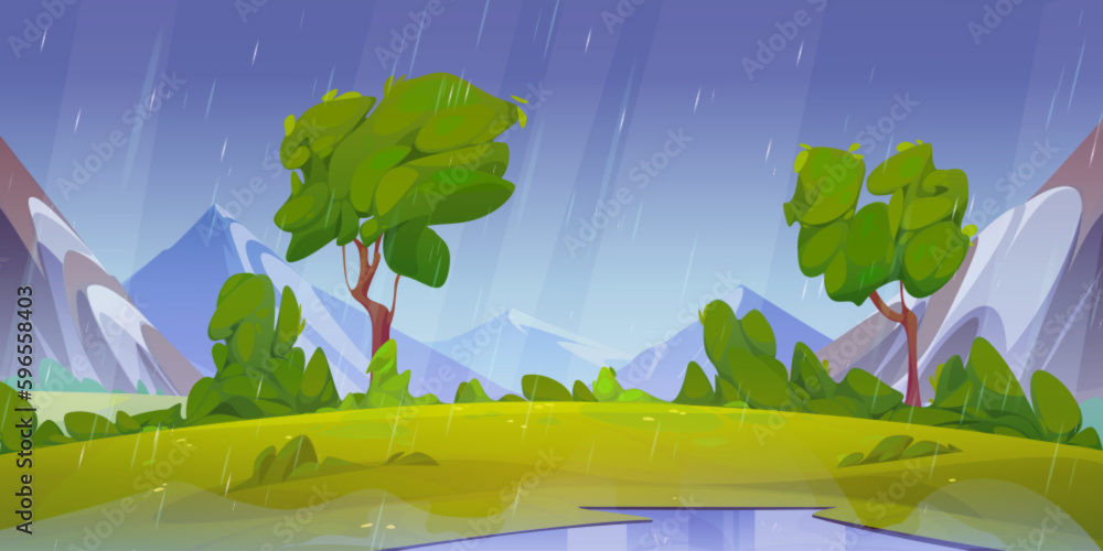 Summer rainy mountain valley landscape illustration cartoon vector ...