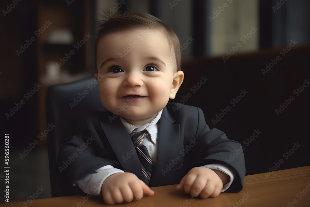 cute business baby boy in gray suit working at desk in office, made ...