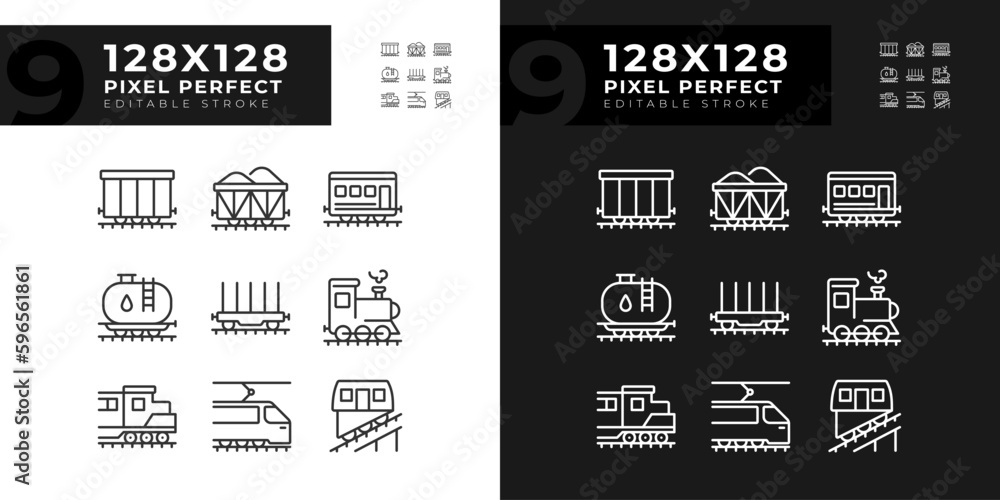 Railway logistics pixel perfect linear icons set for dark, light mode ...