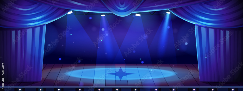 Cartoon theater stage with blue curtains, wooden floor, spotlights ...