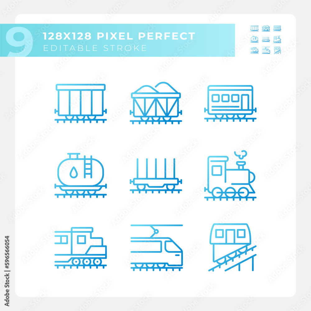 Railway logistics pixel perfect gradient linear vector icons set. Rail ...