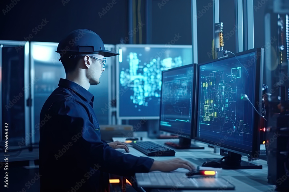 Engineer manager monitors and controls robot arm automation in smart factories in real time ...