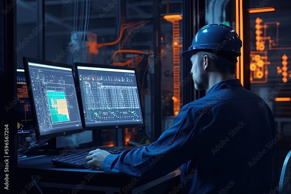 Engineer manager monitors and controls robot arm automation in smart factories in real time ...
