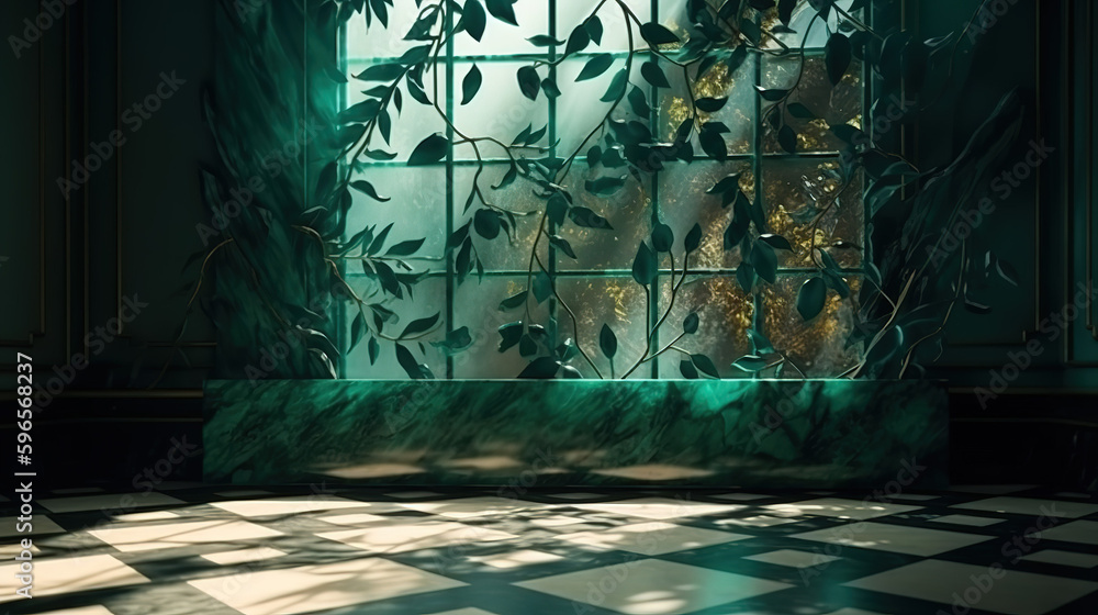 Beautiful sunlight, the shadow of window, leaf foliage on blank emerald ...