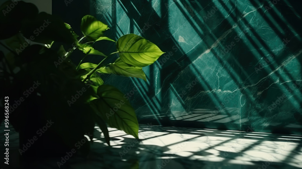 Beautiful sunlight, the shadow of window, leaf foliage on blank emerald ...
