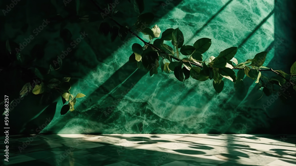 Beautiful sunlight, the shadow of window, leaf foliage on blank emerald ...