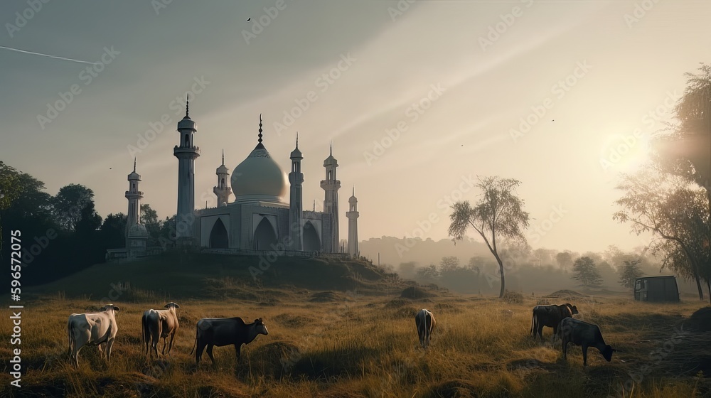 cow, goat, and sheep on the yard with mosque, tree and dramatic sky ...