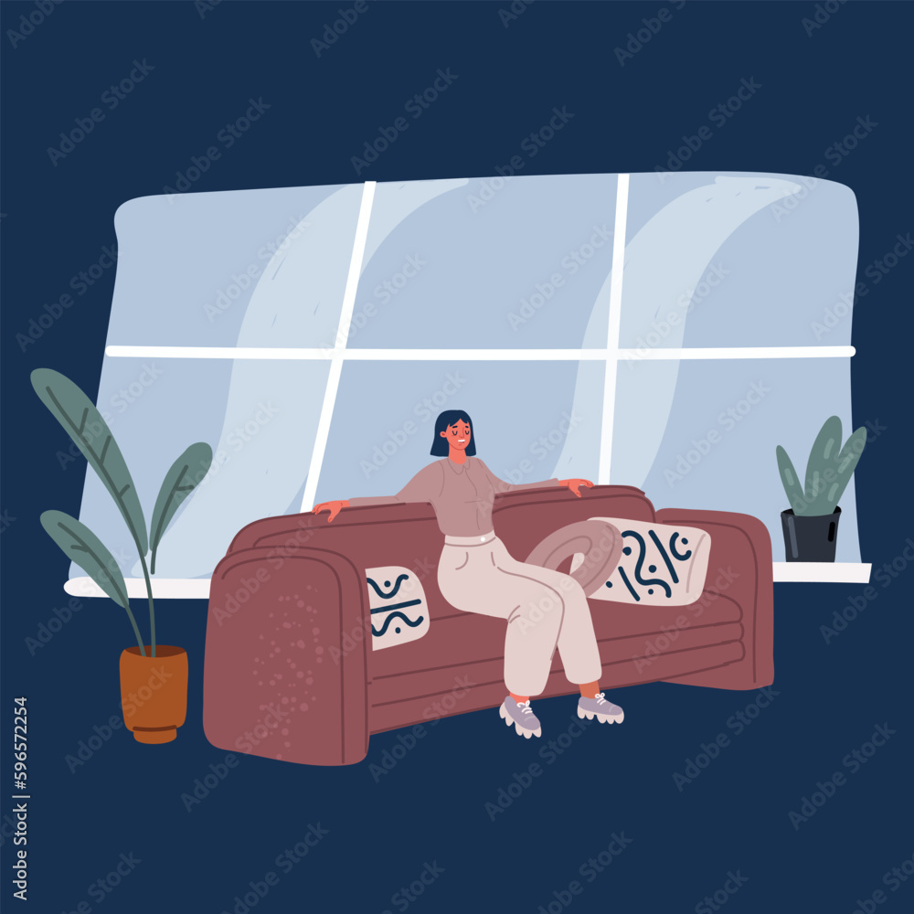 Cartoon vector illustration of woman is sitting on the couch at the ...
