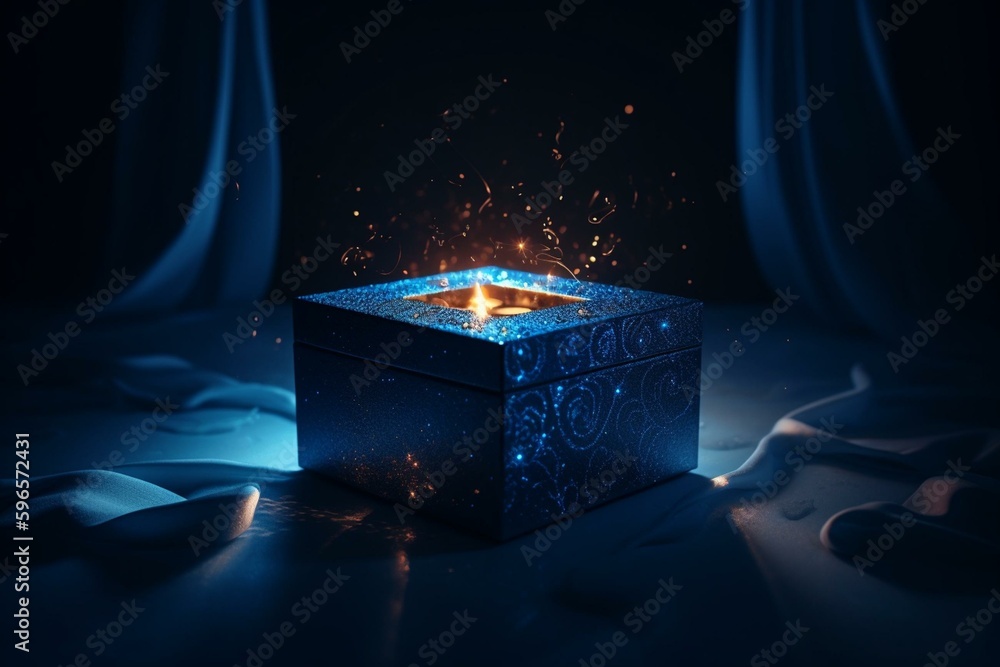 Blue gift box with magical glow opening up to reveal a realistic design ...