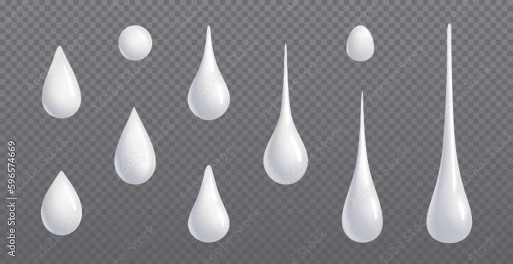 White cream droplet fall realistic 3d vector set. Liquid cosmetic drop ...