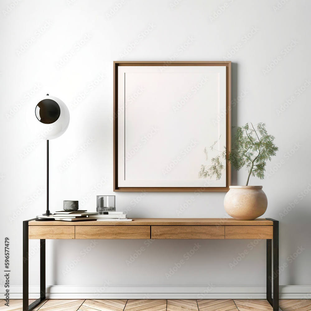 Mock up poster frame on the white wall above wooden console table ...