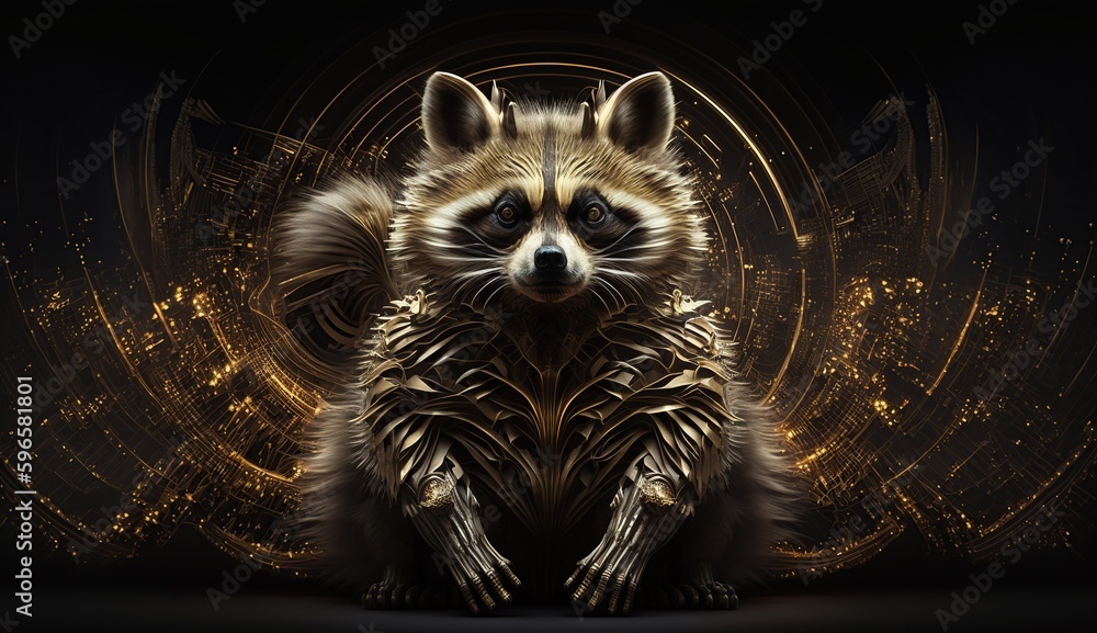 ภาพประกอบสต็อก A raccoon face on a dark golden background, cyber thief ...