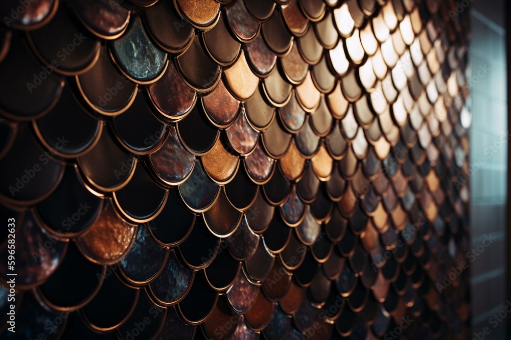 Polished fish-scale bricks create a 3D wall mosaic. Stacked to form ...