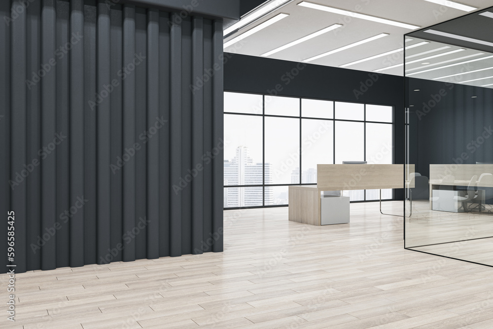 Contemporary glass office interior with reception desk and window with ...