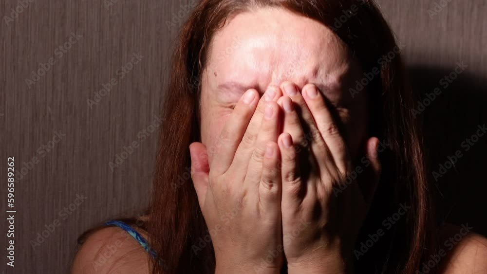 Upset woman bitterly cry in dark room closeup. Tears rolling down ...