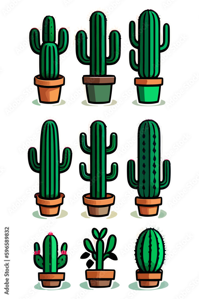 Set of cartoon cactus cacti icons isolated on transparent background ...