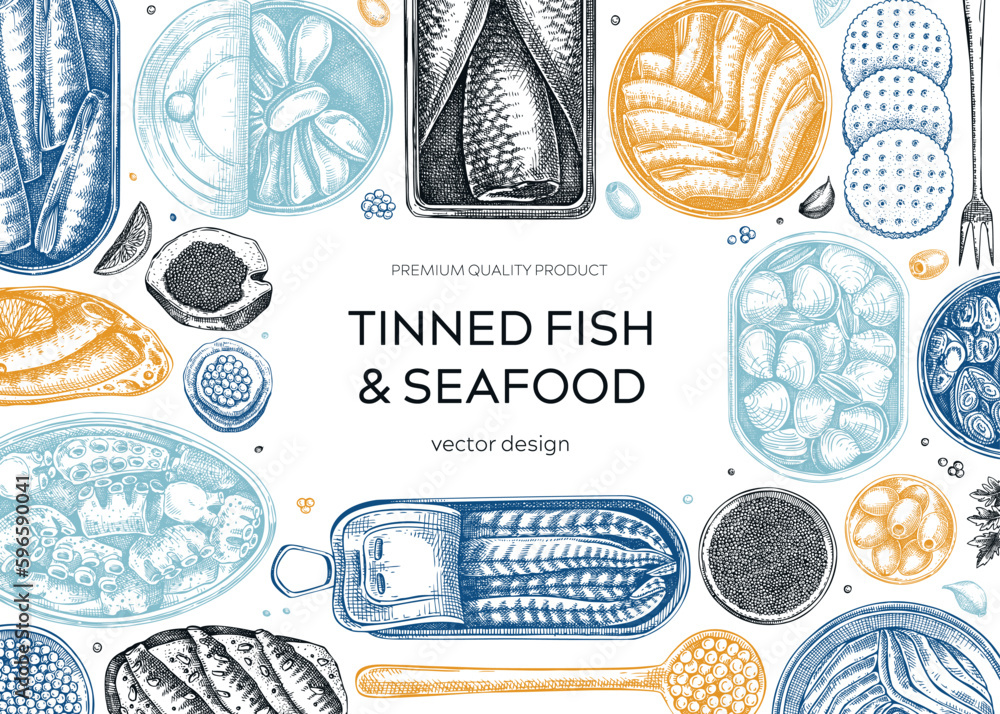 Canned fish frame design in colors. Seafood background with hand-drawn ...