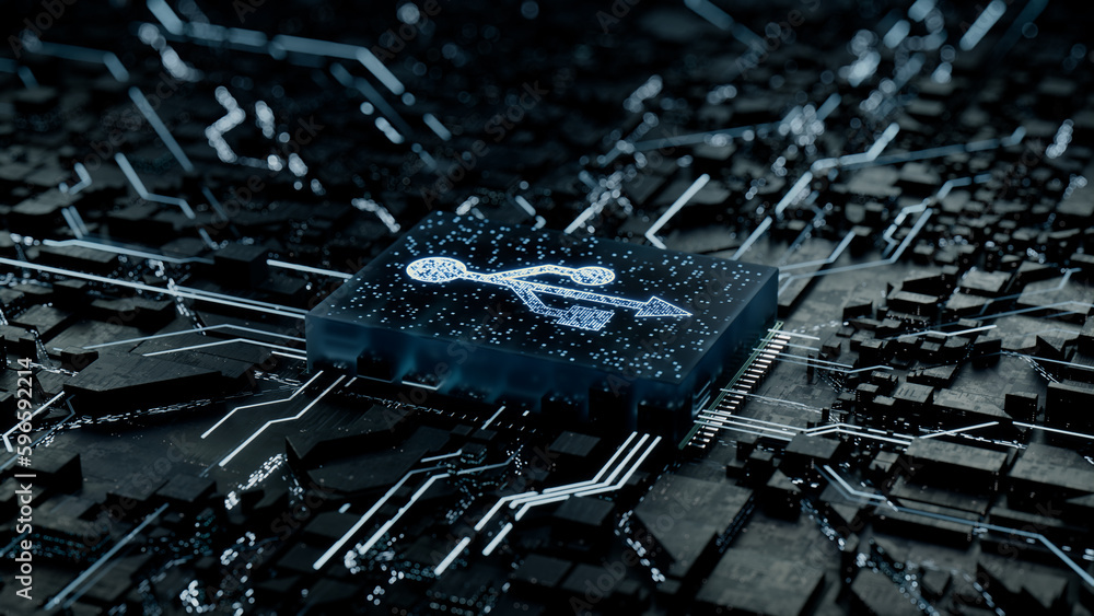 Interface Technology Concept with usb symbol on a Microchip. Data flows ...