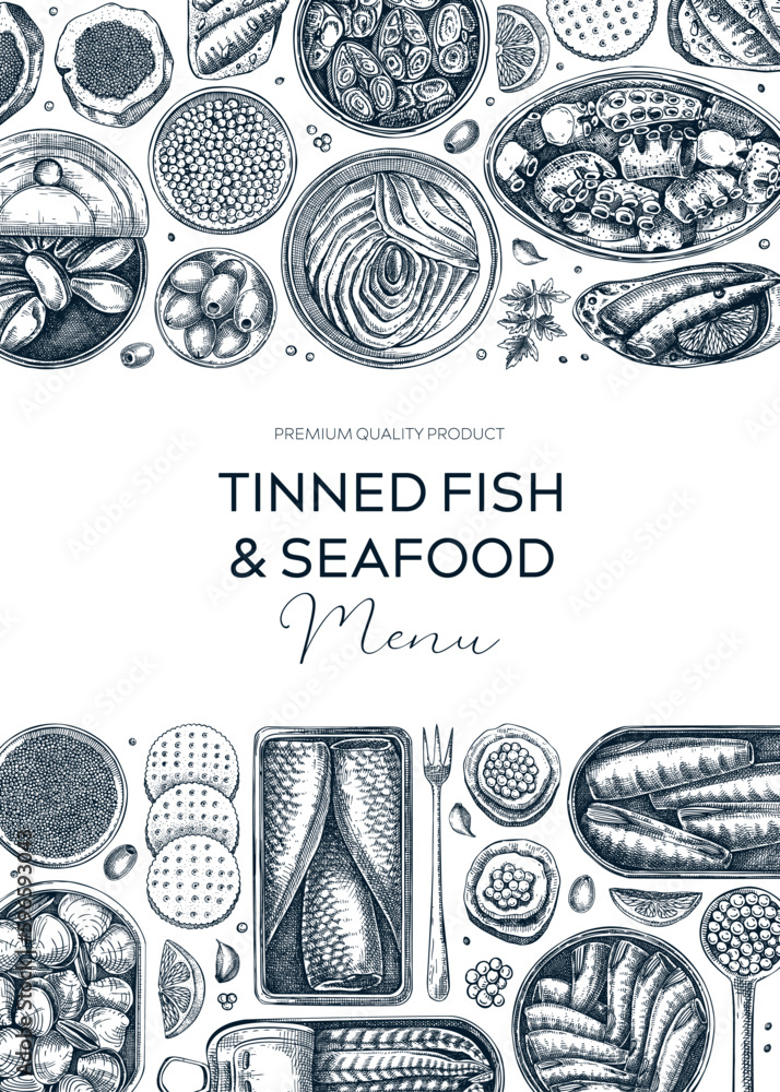 Canned fish frame design. Seafood background with hand-drawn sardines ...
