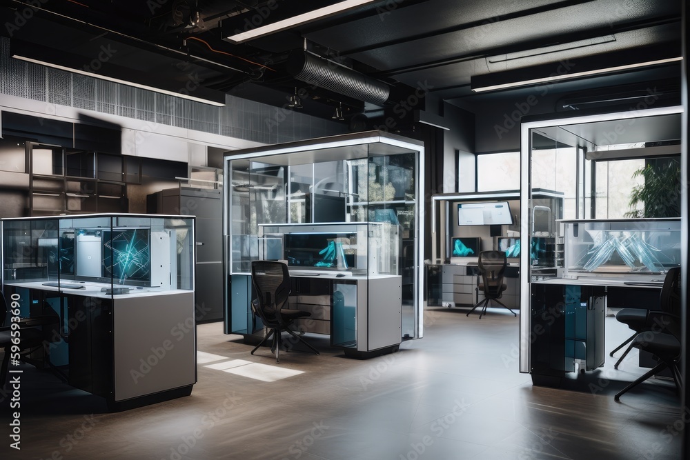high-tech open office with touchscreens, holographic displays, and 3d ...