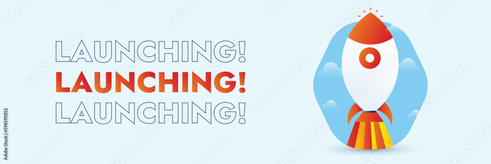 We are launching soon. Startup rocket launch with fire. New business ...