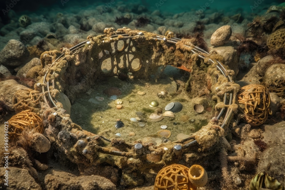 Metal Detector Frame In The Middle Of The Old Shipwreck With Treasure And Gold Coins Created
