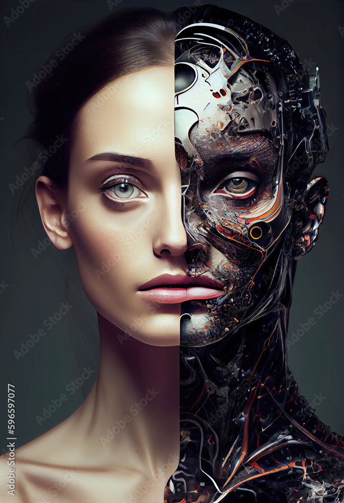 Cyborg woman with face half human and half robot (Generative AI) Stock ...