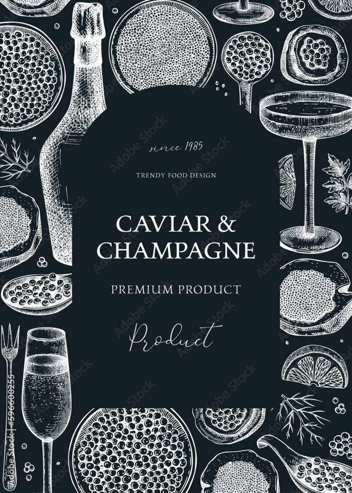 Caviar and champagne artistic frame design. Hand drawn menu template ...