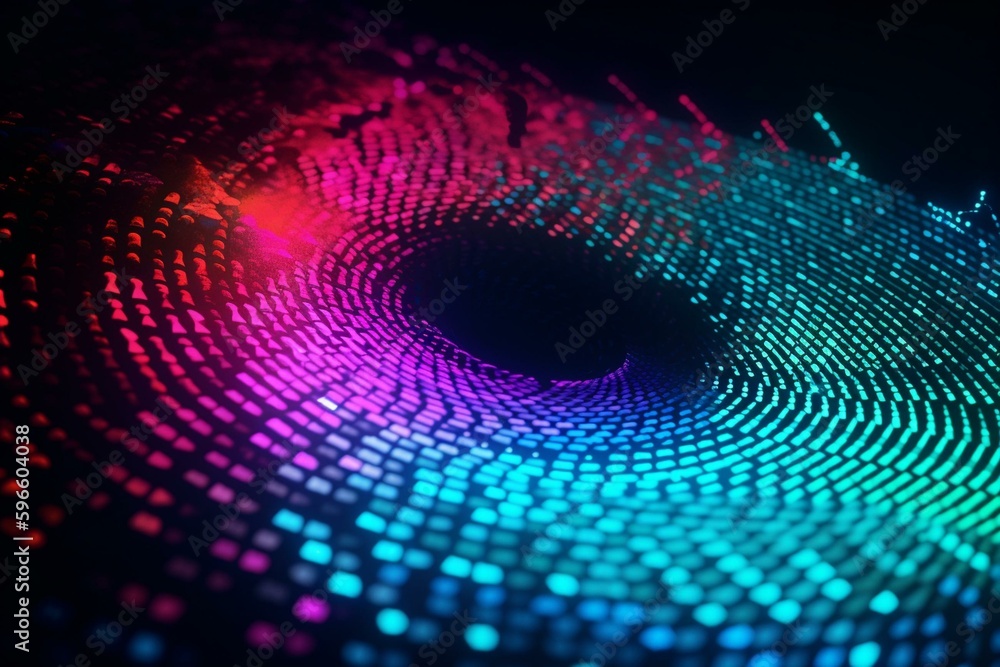 Neon-colored spiral dots with gradient background and modulation effect ...