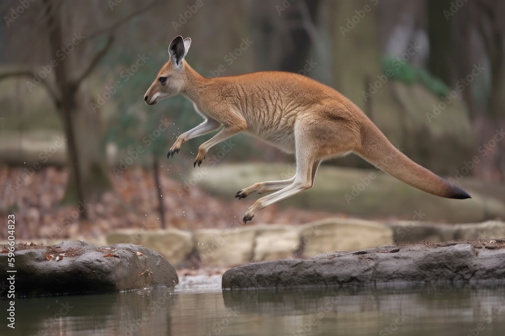kangaroo jumping high, in mid-leap, displaying its powerful legs and ...