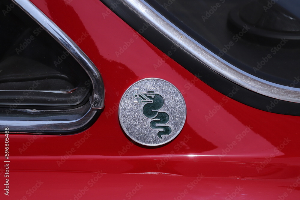 Italy, april 2023, metallic logo of the Alfa Romeo with snake, Spider ...