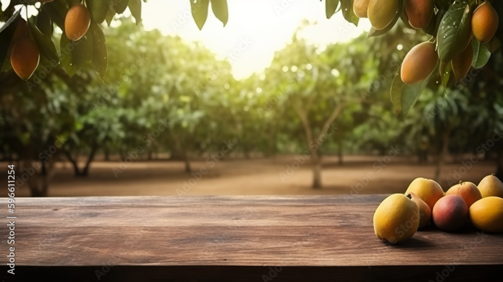 Empty wooden table in front of mango tree background, generative ai ...